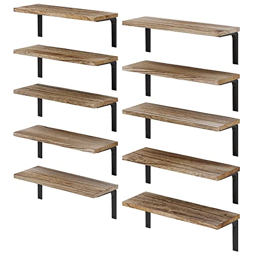 Wallniture Nola Floating Shelves for Wall, 17"x 6" Rustic Bookshelf for Living Room Decor, Bookshelves for Home Office, Kitchen, Burned Finish Storage Shelf Set of 10