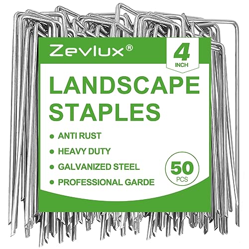 Landscape Staples Zevlux Garden Staples 4 Inch 50 Pcs Galvanized Heavy-Duty Sod Pins Anti-Rust Fence Stakes for Weed Barrier Fabric, Ground Cover, Irrigation Tubing, 12 Gauge,50Pcs