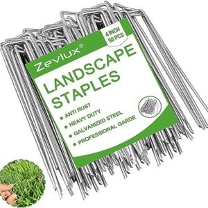 Landscape Staples Zevlux Garden Staples 4 Inch 50 Pcs Galvanized Heavy-Duty Sod Pins Anti-Rust Fence Stakes for Weed Barrier Fabric, Ground Cover, Irrigation Tubing, 12 Gauge,50Pcs