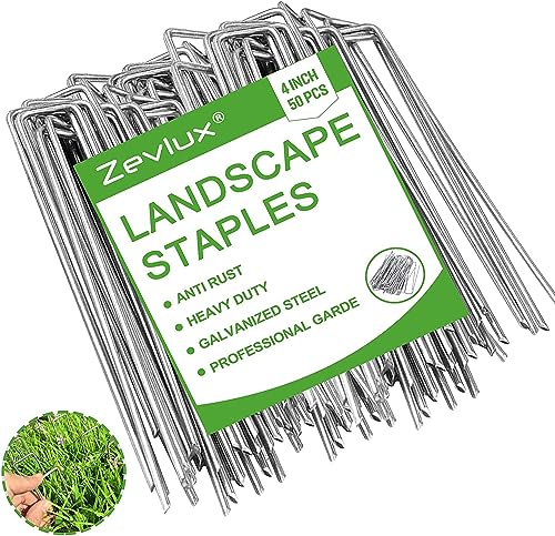 Landscape Staples Zevlux Garden Staples 4 Inch 50 Pcs Galvanized Heavy-Duty Sod Pins Anti-Rust Fence Stakes for Weed Barrier Fabric, Ground Cover, Irrigation Tubing, 12 Gauge,50Pcs