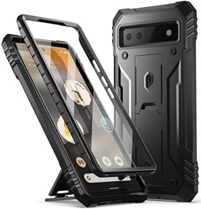 poetic revolution series case compatible with pixel 6a 5g, built-in screen protector work with fingerprint id, full body rugged shockproof protective cover case with kickstand, black