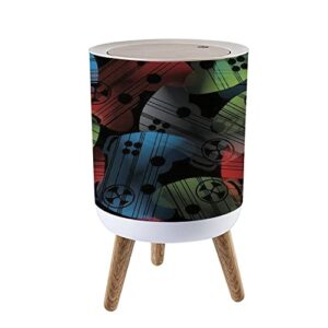 trash can with lid seamless bright with joysticks gaming cool print for boys and girls press cover small garbage bin round with wooden legs waste basket for bathroom kitchen bedroom 7l/1.8 gallon