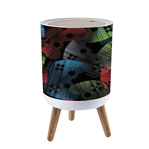 Trash Can with Lid Seamless Bright with joysticks Gaming Cool Print for Boys and Girls Press Cover Small Garbage Bin Round with Wooden Legs Waste Basket for Bathroom Kitchen Bedroom 7L/1.8 Gallon