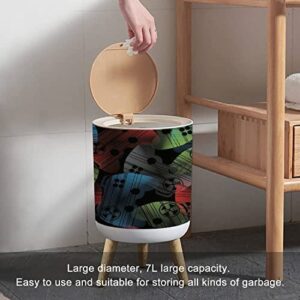 Trash Can with Lid Seamless Bright with joysticks Gaming Cool Print for Boys and Girls Press Cover Small Garbage Bin Round with Wooden Legs Waste Basket for Bathroom Kitchen Bedroom 7L/1.8 Gallon