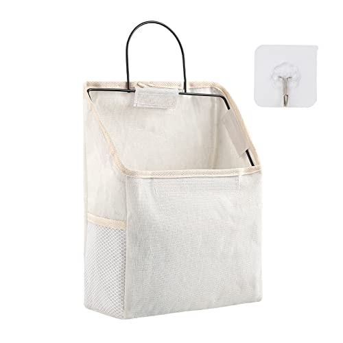 Surblue Wall Hanging Storage Bag with Sticky Hook, Closet Hanging Storage for Pocket, Bathroom Dormitory Organizer Bag, Linen Cotton Organizer Box Containers for Bedroom(White)