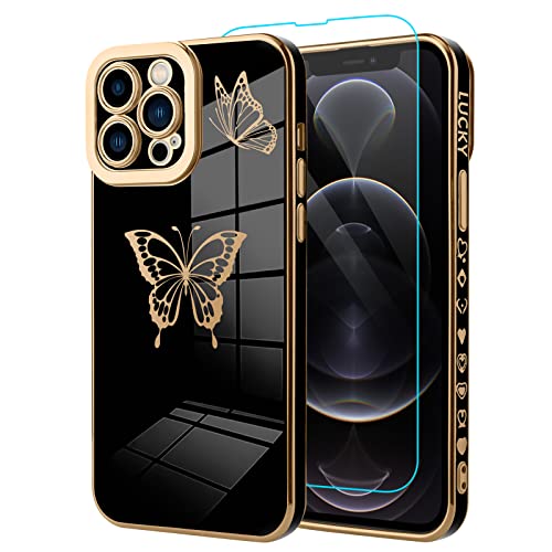 Jefonha for iPhone 12 Pro Max 6.7 Inch Luxury Plating Cute Butterflies Cover with Screen Protector Fun Cute Side Pattern Soft TPU Shockproof Full Camera Lens Protection Electroplated Case - Black