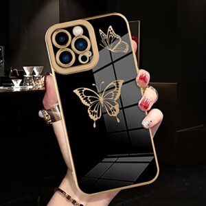 Jefonha for iPhone 12 Pro Max 6.7 Inch Luxury Plating Cute Butterflies Cover with Screen Protector Fun Cute Side Pattern Soft TPU Shockproof Full Camera Lens Protection Electroplated Case - Black