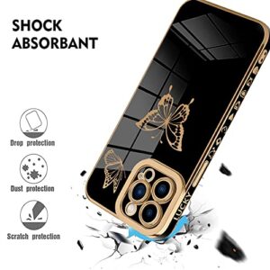 Jefonha for iPhone 12 Pro Max 6.7 Inch Luxury Plating Cute Butterflies Cover with Screen Protector Fun Cute Side Pattern Soft TPU Shockproof Full Camera Lens Protection Electroplated Case - Black