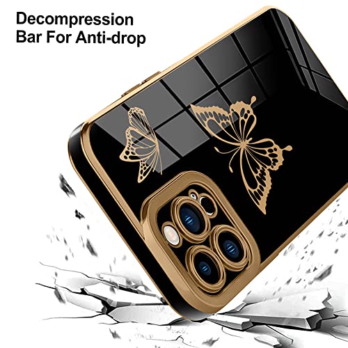 Jefonha for iPhone 12 Pro Max 6.7 Inch Luxury Plating Cute Butterflies Cover with Screen Protector Fun Cute Side Pattern Soft TPU Shockproof Full Camera Lens Protection Electroplated Case - Black