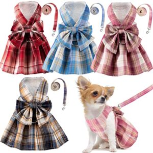 4 pcs plaid dog dress bow tie harness leash set harness dress for small dogs cute dog pet girl puppy summer clothes for female summer bunny rabbit clothes yorkie chihuahua training walking (s)