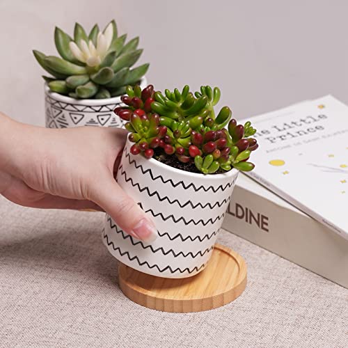 JOFAMY Succulent Pots, 4 Pack Ceramic Planters for Indoor Plants, Boho Original Design Flower Pots with Drainage Hole, Bamboo Tray. Stylish Plant Pots for Succulents, Aloe, Cactus, Home Office Decor