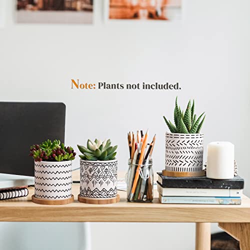 JOFAMY Succulent Pots, 4 Pack Ceramic Planters for Indoor Plants, Boho Original Design Flower Pots with Drainage Hole, Bamboo Tray. Stylish Plant Pots for Succulents, Aloe, Cactus, Home Office Decor