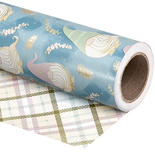 WRAPAHOLIC Reversible Christmas Wrapping Paper - 30 Inch X 100 Feet Jumbo Roll Blue Gnome and Plaid Design with Metallic Foil Shine