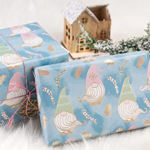 WRAPAHOLIC Reversible Christmas Wrapping Paper - 30 Inch X 100 Feet Jumbo Roll Blue Gnome and Plaid Design with Metallic Foil Shine