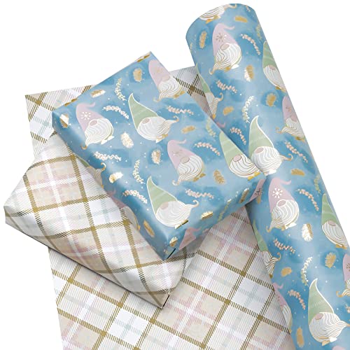 WRAPAHOLIC Reversible Christmas Wrapping Paper - 30 Inch X 100 Feet Jumbo Roll Blue Gnome and Plaid Design with Metallic Foil Shine