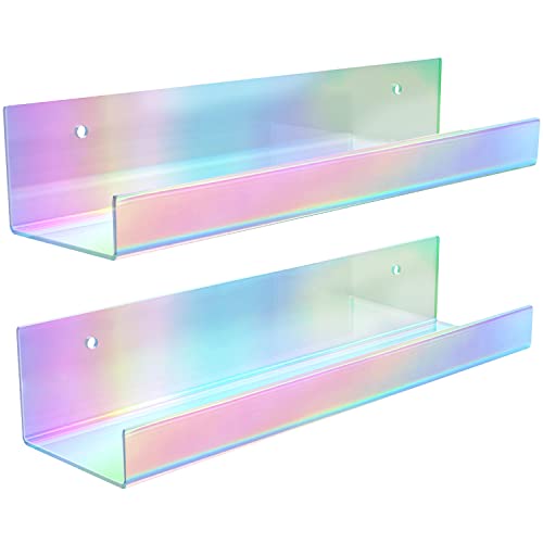 Newthinking 15 Inch Rainbow Acrylic Floating Shelves, 2 Pack Iridescent Floating Shelves Acrylic Wall Shelf Display Bookshelf for Bedroom Bathroom Kitchen