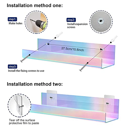 Newthinking 15 Inch Rainbow Acrylic Floating Shelves, 2 Pack Iridescent Floating Shelves Acrylic Wall Shelf Display Bookshelf for Bedroom Bathroom Kitchen