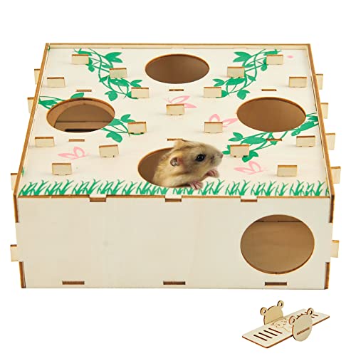 Wooden Enrichment Toys for Small Animals, Hamster Chew Toys, Interactive Hide Tunnel Puzzle Game,Mental Stimulation Toy for Hamster,Guinea Pig,Rabbit,Chinchilla (Style 3)