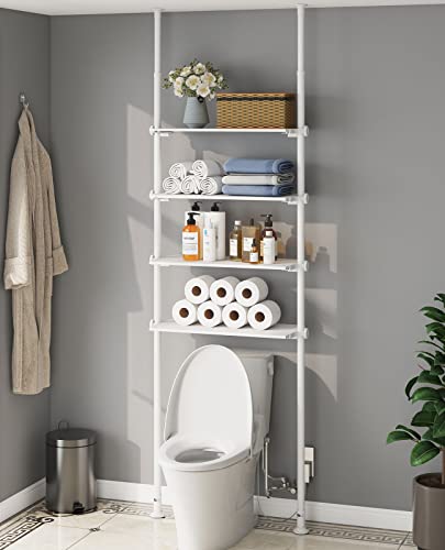 ALLZONE Over The Toilet Storage Cabinet, 4-Tier Over Toilet Bathroom Organizer, Adjustable Bathroom Shelves Over Toilet, Fit Most Showers on Above Toilet Storage, 93 to 116 Inch, Metal Shelves,White