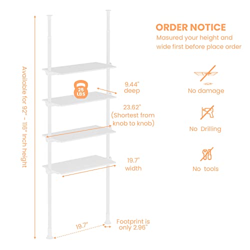 ALLZONE Over The Toilet Storage Cabinet, 4-Tier Over Toilet Bathroom Organizer, Adjustable Bathroom Shelves Over Toilet, Fit Most Showers on Above Toilet Storage, 93 to 116 Inch, Metal Shelves,White