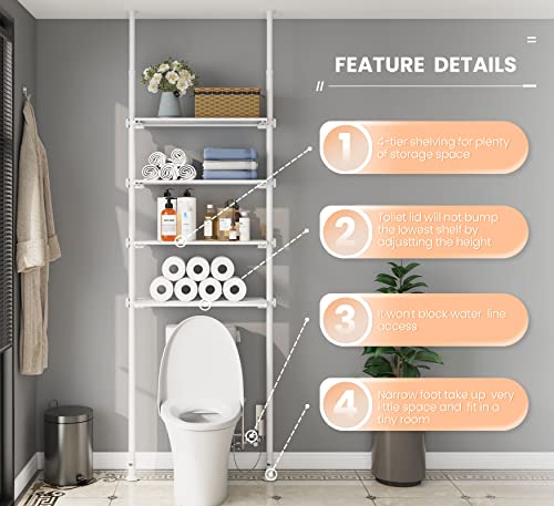 ALLZONE Over The Toilet Storage Cabinet, 4-Tier Over Toilet Bathroom Organizer, Adjustable Bathroom Shelves Over Toilet, Fit Most Showers on Above Toilet Storage, 93 to 116 Inch, Metal Shelves,White