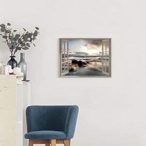 Fake Window Coastal Wall Art: Rocky Beach Artwork Lake Under Sunset Canvas Painting Nature Landscape Prints Ocean Clouds Modern Photo Small Quiet Seascape for Bedroom Office Living Room