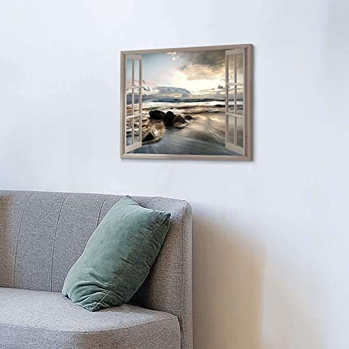 Fake Window Coastal Wall Art: Rocky Beach Artwork Lake Under Sunset Canvas Painting Nature Landscape Prints Ocean Clouds Modern Photo Small Quiet Seascape for Bedroom Office Living Room