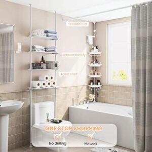 ALLZONE Over The Toilet Storage Cabinet, 4-Tier Over Toilet Bathroom Organizer, Adjustable Bathroom Shelves Over Toilet, Fit Most Showers on Above Toilet Storage, 93 to 116 Inch, Metal Shelves,White