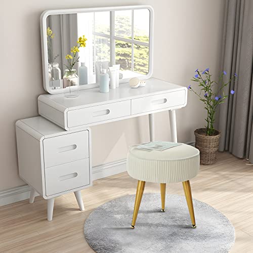 Quimoo Vanity Stool, Velvet Round Ottoman Modern Dressing Stool, Vanity Chair for Makeup Room, Bedroom, Living Room, Makeup Chair for Vanity, Capacity 280lb, Easy to Assemble, White