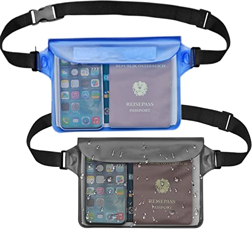 Waterproof Pouch with Waist Strap Beach Accessories Best Way to Keep Your Phone and Valuables Safe and Dry Perfect for Boating Swimming Snorkeling Kayaking Beach Pool Water Park 2 Pack Black+Blue