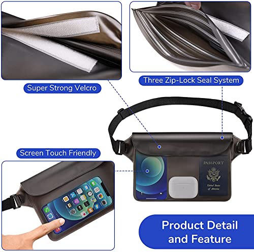 Waterproof Pouch with Waist Strap Beach Accessories Best Way to Keep Your Phone and Valuables Safe and Dry Perfect for Boating Swimming Snorkeling Kayaking Beach Pool Water Park 2 Pack Black+Blue