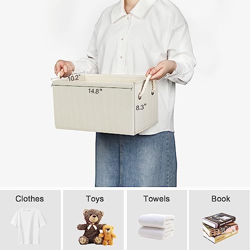 TOPIA HOME Closet Organizers and Storage Bins for Shelves, 3-Pack Foldable Storage Baskets for Organizing with Rope Handles, Collapsible Fabric Cube Organization Boxes, Large, Beige, TP02Y