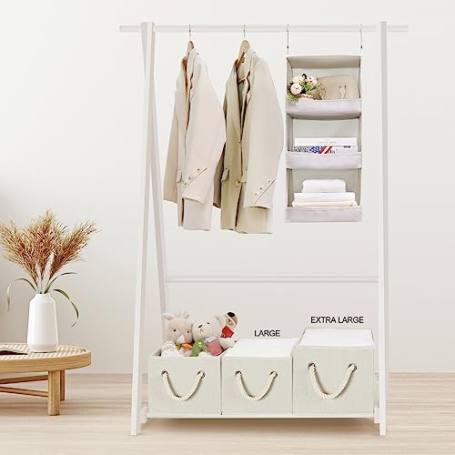 TOPIA HOME Closet Organizers and Storage Bins for Shelves, 3-Pack Foldable Storage Baskets for Organizing with Rope Handles, Collapsible Fabric Cube Organization Boxes, Large, Beige, TP02Y