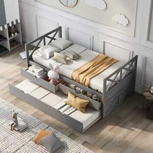 glorhome twin platform bed,multifunctional wood storage daybed sofa bed frame with trundle and two drawers for living room bedroom, grey