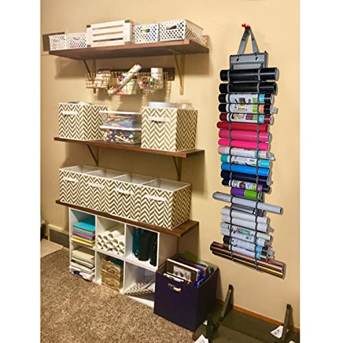 shiningwaner Vinyl Storage Organizer with 52 Compartments, Vinyl Roll Holder Wall Mount/Over The Door, Hanging Organizer Storage Rack For Craft, Blue