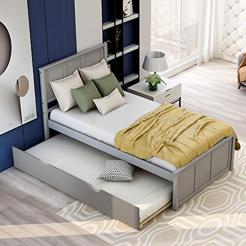 GLORHOME Twin Platform Bed Wood Day Bed Frame with Trundle and Headboard,Living Room/Bedroom Furniture for Kids Teens Adults, Grey