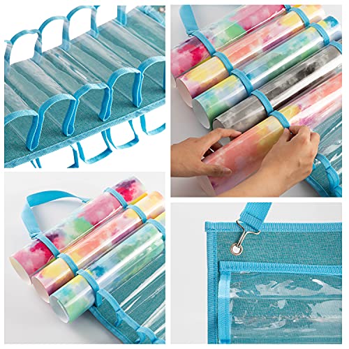 shiningwaner Vinyl Storage Organizer with 52 Compartments, Vinyl Roll Holder Wall Mount/Over The Door, Hanging Organizer Storage Rack For Craft, Blue