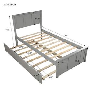 GLORHOME Twin Platform Bed Wood Day Bed Frame with Trundle and Headboard,Living Room/Bedroom Furniture for Kids Teens Adults, Grey