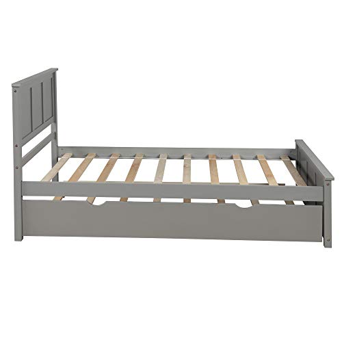 GLORHOME Twin Platform Bed Wood Day Bed Frame with Trundle and Headboard,Living Room/Bedroom Furniture for Kids Teens Adults, Grey