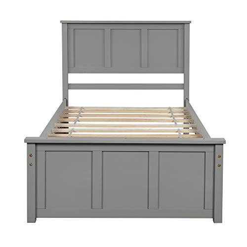 GLORHOME Twin Platform Bed Wood Day Bed Frame with Trundle and Headboard,Living Room/Bedroom Furniture for Kids Teens Adults, Grey