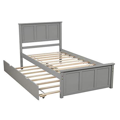 GLORHOME Twin Platform Bed Wood Day Bed Frame with Trundle and Headboard,Living Room/Bedroom Furniture for Kids Teens Adults, Grey