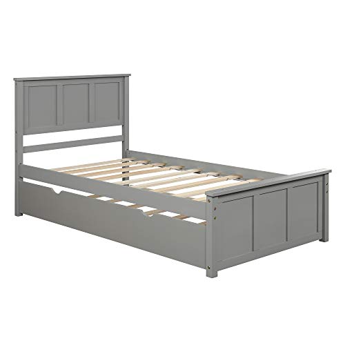 GLORHOME Twin Platform Bed Wood Day Bed Frame with Trundle and Headboard,Living Room/Bedroom Furniture for Kids Teens Adults, Grey