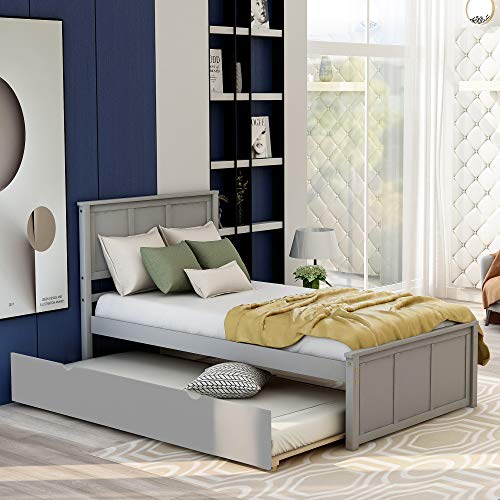 GLORHOME Twin Platform Bed Wood Day Bed Frame with Trundle and Headboard,Living Room/Bedroom Furniture for Kids Teens Adults, Grey