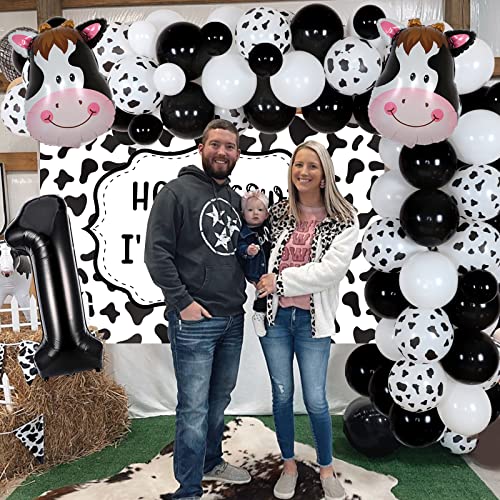 Holy Cow I'm One Birthday Decorations, Cow Farm Theme 1st Birthday Party Decorations for Boy, Black and White Cow Balloon Garland Arch Kit, Happy Birthday Backdrop, Cow Head Foil Balloons