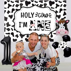 Holy Cow I'm One Birthday Decorations, Cow Farm Theme 1st Birthday Party Decorations for Boy, Black and White Cow Balloon Garland Arch Kit, Happy Birthday Backdrop, Cow Head Foil Balloons