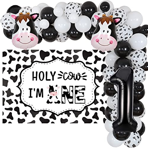 Holy Cow I'm One Birthday Decorations, Cow Farm Theme 1st Birthday Party Decorations for Boy, Black and White Cow Balloon Garland Arch Kit, Happy Birthday Backdrop, Cow Head Foil Balloons