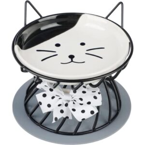 dorakitten elevated cat ceramic bowls: raised cat food bowl, cute cat feeder bowl stand, food & water anti vomiting shallow ceramic cat dish, with non-slip mat pet bowl for all cat (black)