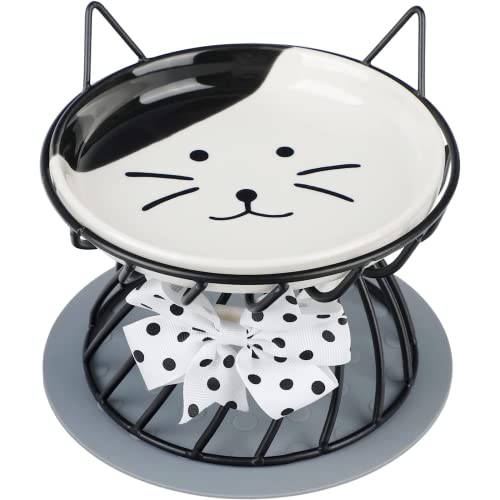 Dorakitten Elevated Cat Ceramic Bowls: Raised Cat Food Bowl, Cute Cat Feeder Bowl Stand, Food & Water Anti Vomiting Shallow Ceramic Cat Dish, with Non-Slip Mat Pet Bowl for All Cat (Black)