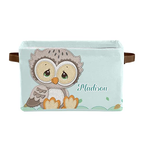 Woodland Owl Green Foldable Custom Personalized Name Storage Bins Basket Cubic Clothes Supplies Organizer,Durable Handle