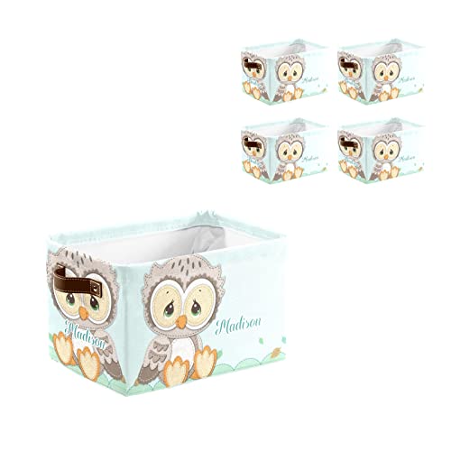 Woodland Owl Green Foldable Custom Personalized Name Storage Bins Basket Cubic Clothes Supplies Organizer,Durable Handle